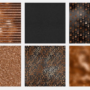 Black and Copper Foil Digital Paper, Seamless Metallic Textures, Glam ...