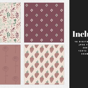 Berry and Mint Digital Paper Set, Seamless Textures, Floral Patterns ...