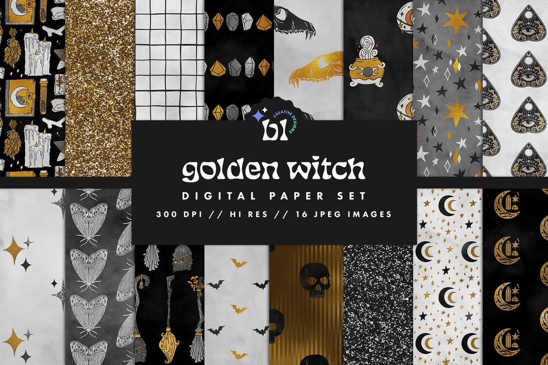 Witchy Halloween Digital Paper, Gold Seamless Texture, Magical Patterns ...