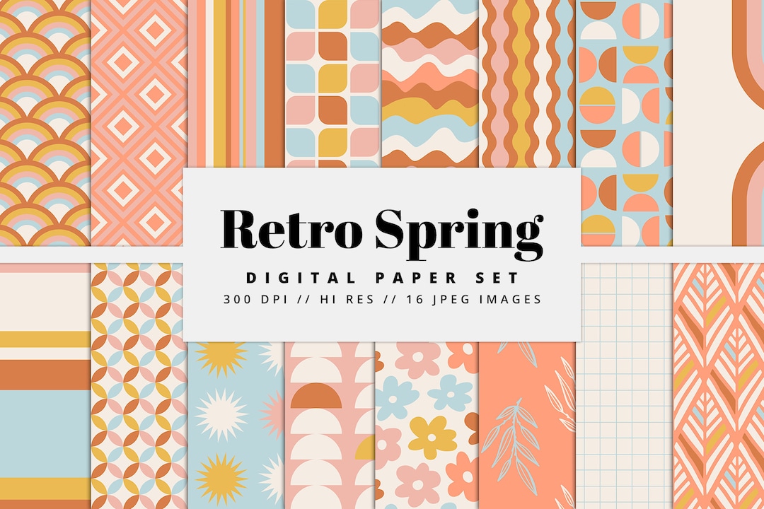 Retro Digital Paper Set, Seamless Textures, 70s Patterns, Vintage ...