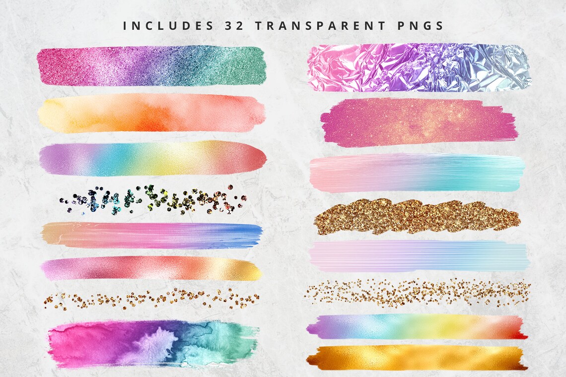 Rainbow Brush Strokes Clipart Paint Strokes PNG Gold Foil - Etsy