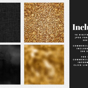 Black and Gold Foil Digital Paper, Metallic Textures, Floral Digital ...