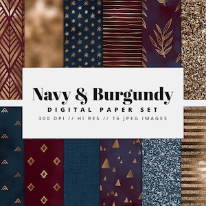 Navy & Burgundy Digital Paper Set, Foil, Seamless Textures, Summer ...