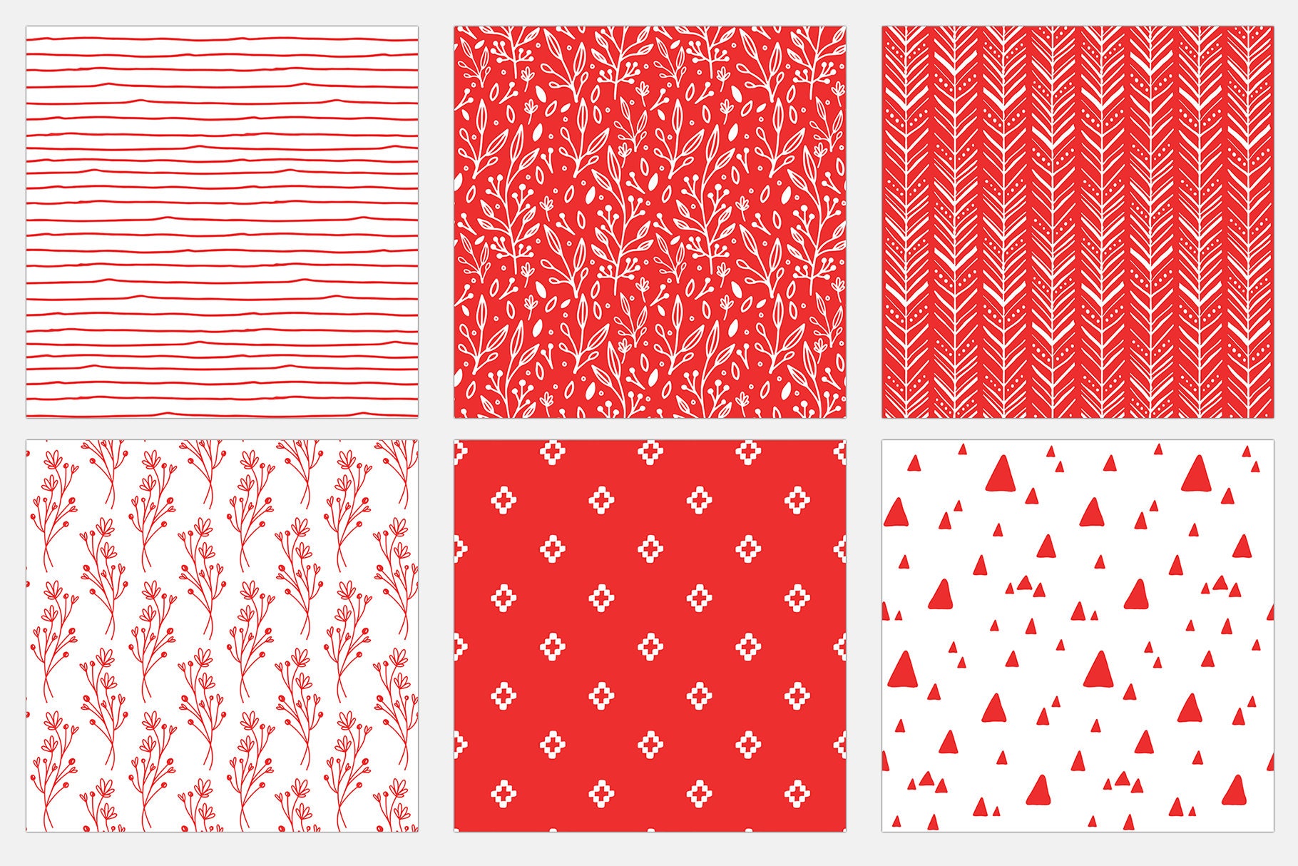 Red and White Digital Paper, Hand Drawn, Floral, Geometric, Printable ...