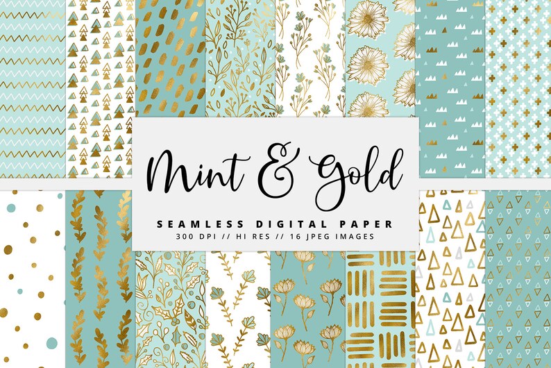 Mint & Gold Foil Digital Paper Gold Foil Textures Floral | Etsy