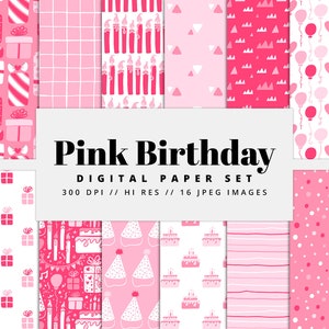 Pink Birthday Digital Paper Set, Seamless Textures, Birthday Party ...