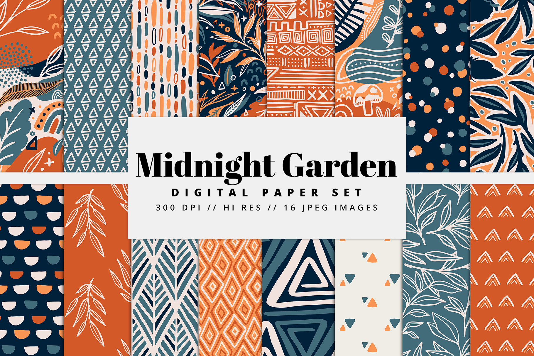 Blue Orange Digital Paper Set, Seamless Textures, Abstract Patterns ...