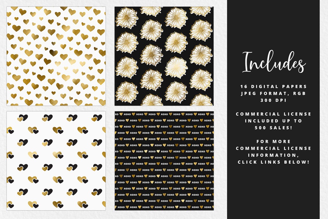 Valentine's Day Black and Gold Digital Paper Gold Foil | Etsy