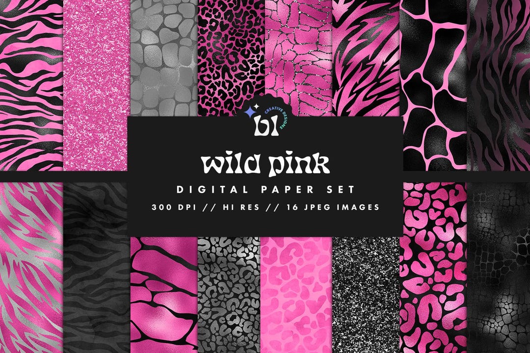 Black & Pink Animal Print Digital Paper, Animal Patterns, Safari ...