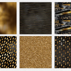 Black and Gold Foil Digital Paper, Metallic Textures, Floral Digital ...
