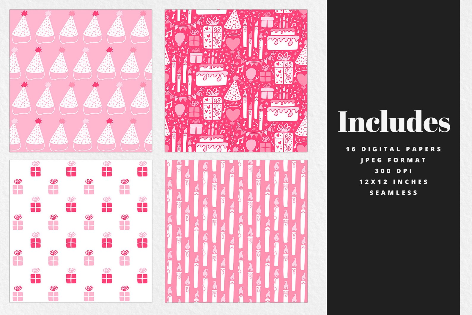 Pink Birthday Digital Paper Set, Seamless Textures, Birthday Party ...