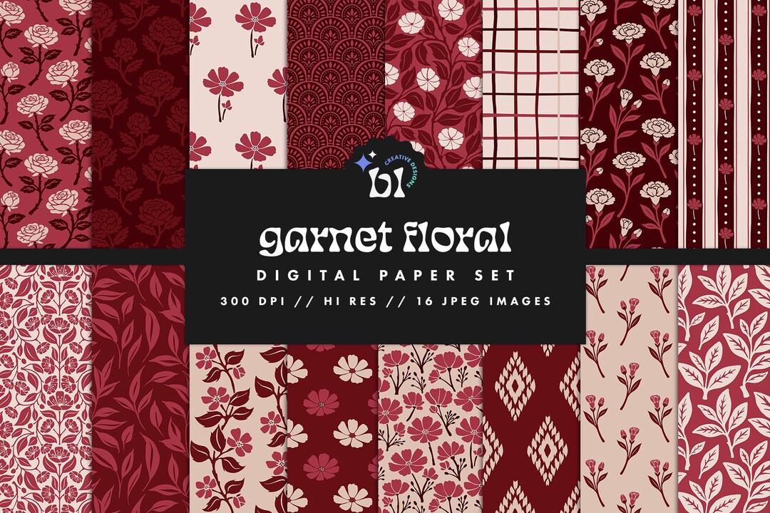 Red Floral Digital Paper Set, Seamless Textures, Boho Patterns, Doodle ...