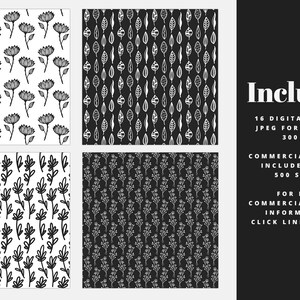 Black and White Floral Digital Paper, Hand-drawn Flowers, Geometric ...