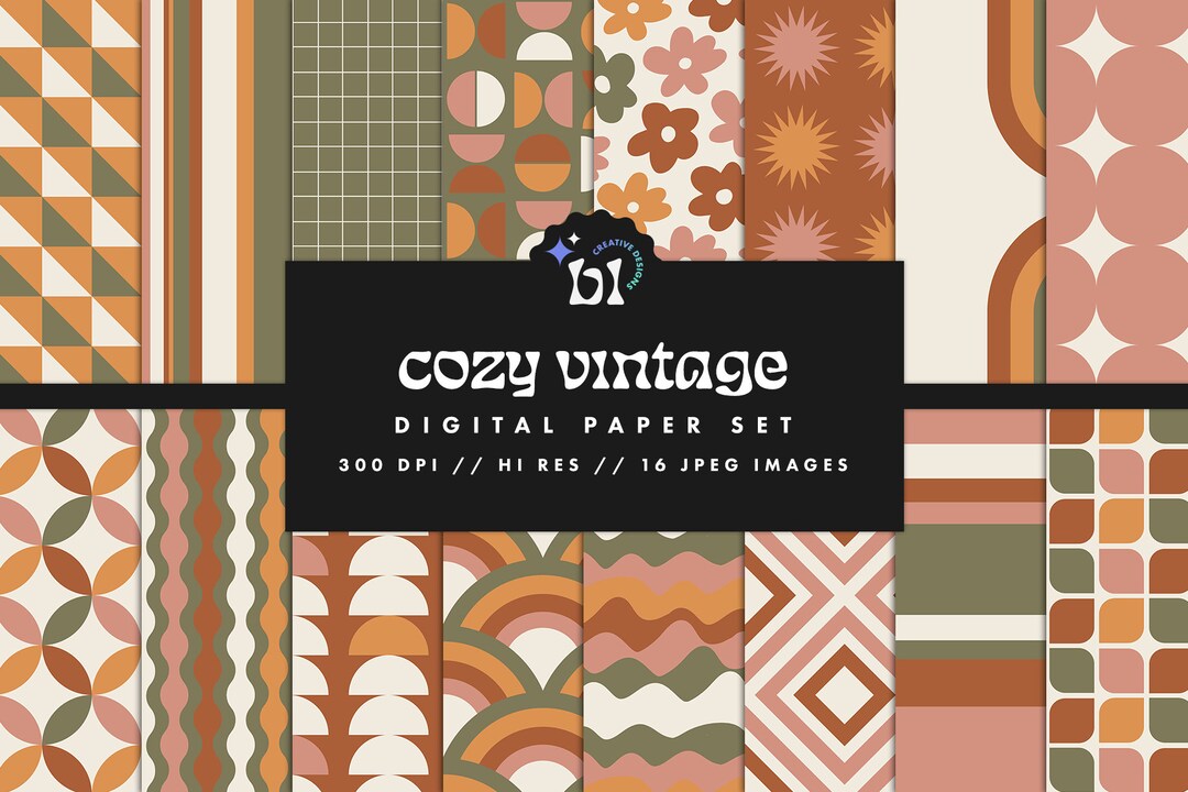 Retro Digital Paper Set, Seamless Textures, 70s Patterns, Vintage ...