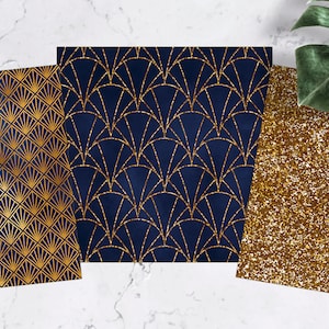 Art Deco Digital Paper, Navy and Gold Deco, Seamless Backgrounds ...