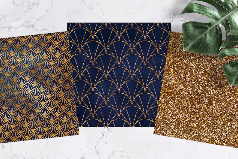 Art Deco Digital Paper Navy and Gold Deco Vintage Patterns | Etsy