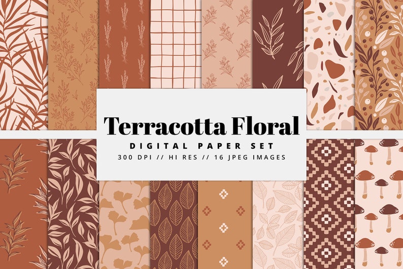 Terracotta Floral Seamless Digital Paper Set, Seamless Background ...