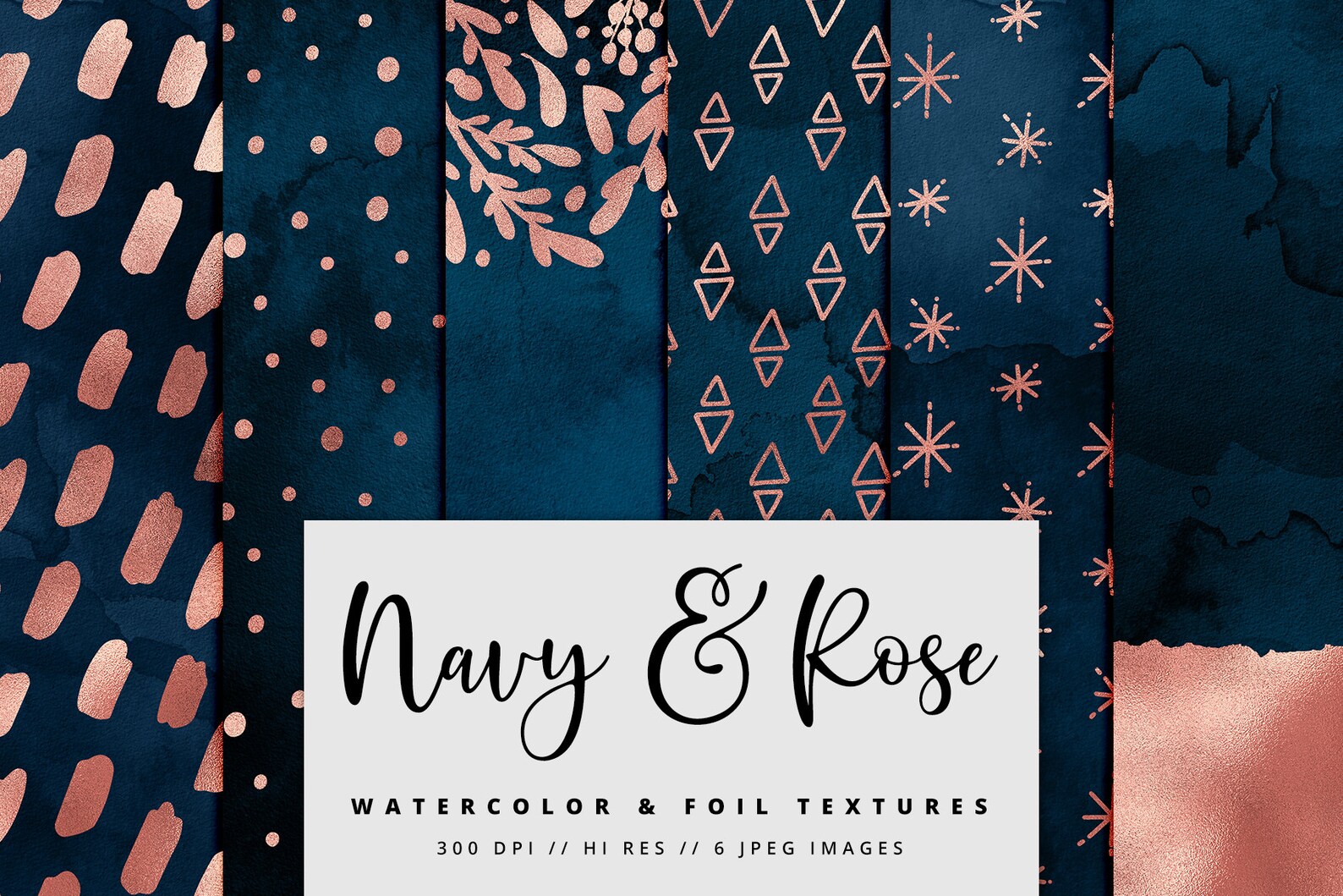 Navy and Rose Gold Foil Watercolor Digital Paper, Watercolor Textures ...