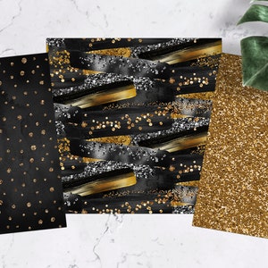 Black and Gold Foil Digital Paper, Metallic Textures, Floral Digital ...