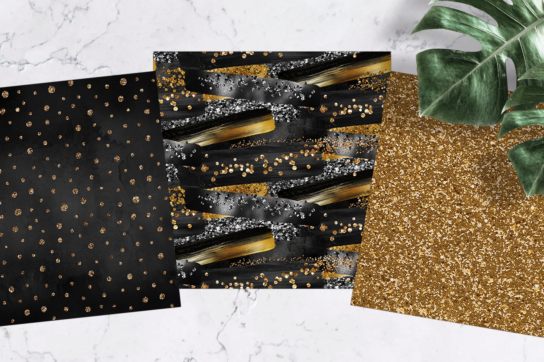 Black and Gold Foil Digital Paper, Metallic Textures, Floral Digital ...