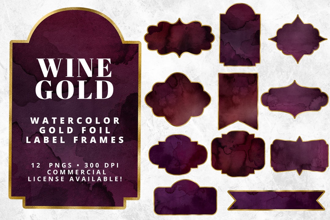 Wine and Gold Watercolor Label Frames, Watercolor Clipart, Watercolor ...