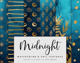 Black and Gold Foil Watercolor Digital Paper, Elegant Metallic Textures ...
