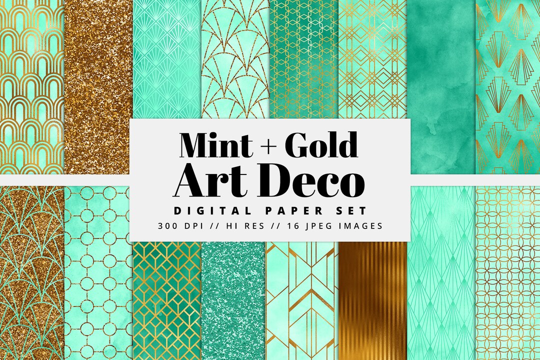 Art Deco Digital Paper, Mint and Gold Deco, Seamless Backgrounds ...