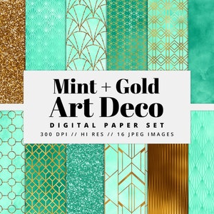 Art Deco Digital Paper, Mint and Gold Deco, Seamless Backgrounds ...