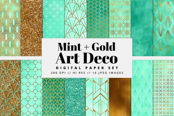 Art Deco Digital Paper Mint and Gold Deco Vintage Patterns | Etsy