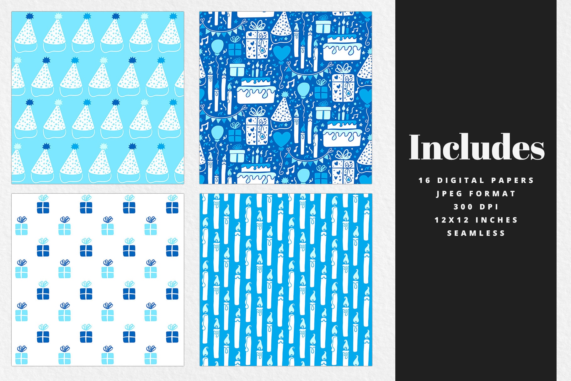 Blue Birthday Digital Paper Set, Seamless Textures, Birthday Party ...