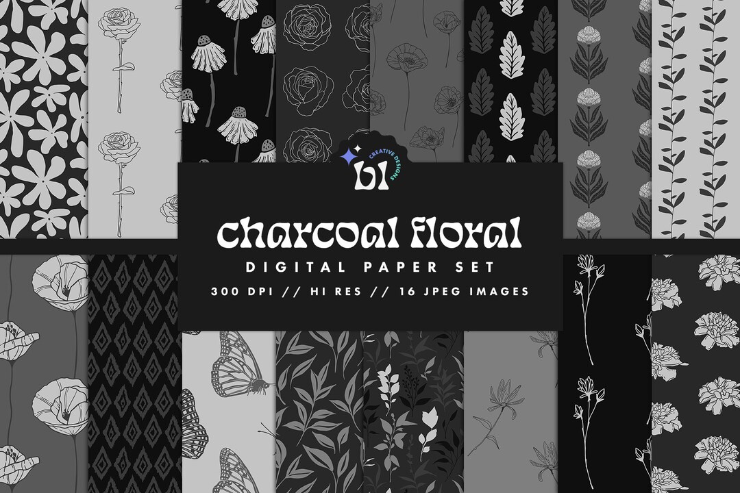 Black Floral Digital Paper Set, Retro Seamless Textures, Floral ...