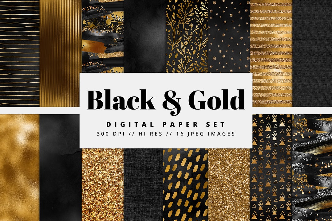 Black and Gold Foil Digital Paper, Metallic Textures, Floral Digital ...