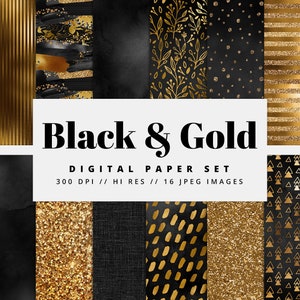 Black and Gold Foil Digital Paper, Metallic Textures, Floral Digital ...