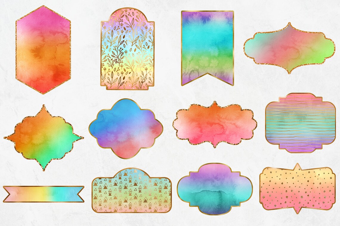 Rainbow and Gold Watercolor Label Frames Watercolor Clipart - Etsy
