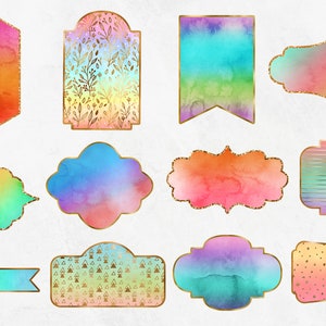 Rainbow and Gold Watercolor Label Frames, Watercolor Clipart ...