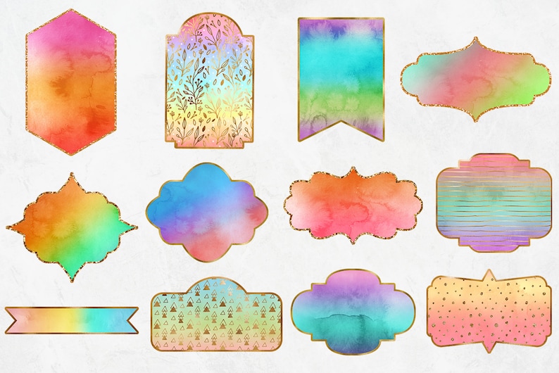 Rainbow and Gold Watercolor Label Frames, Watercolor Clipart ...