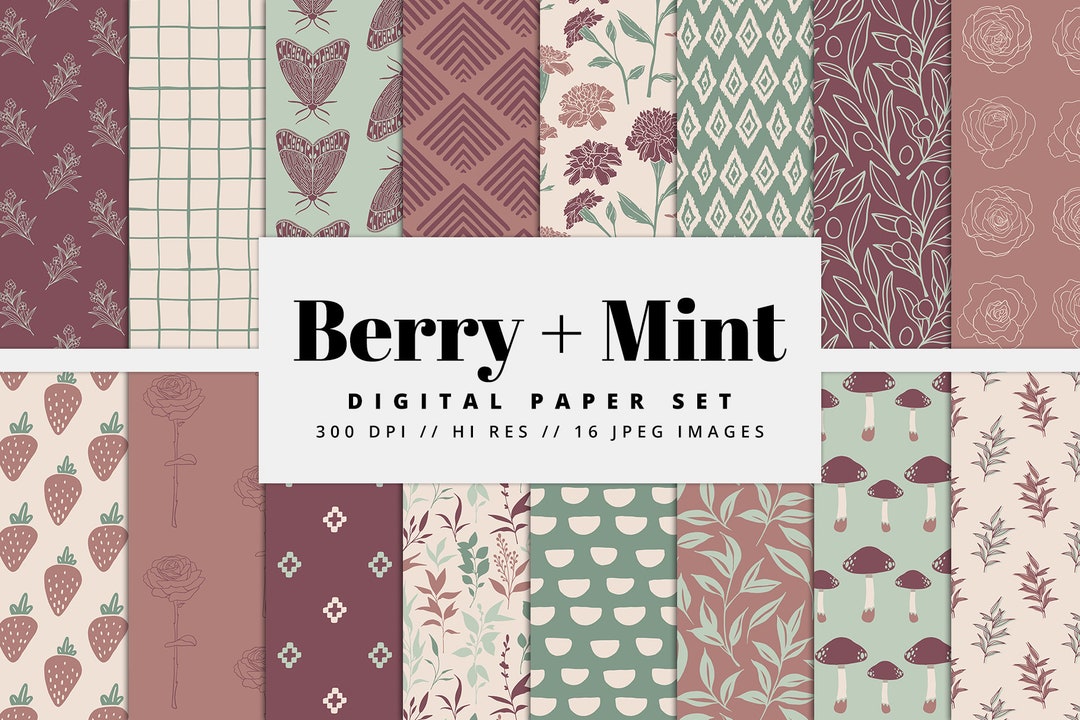 Berry and Mint Digital Paper Set, Seamless Textures, Floral Patterns ...
