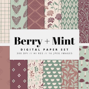 Berry and Mint Digital Paper Set, Seamless Textures, Floral Patterns ...