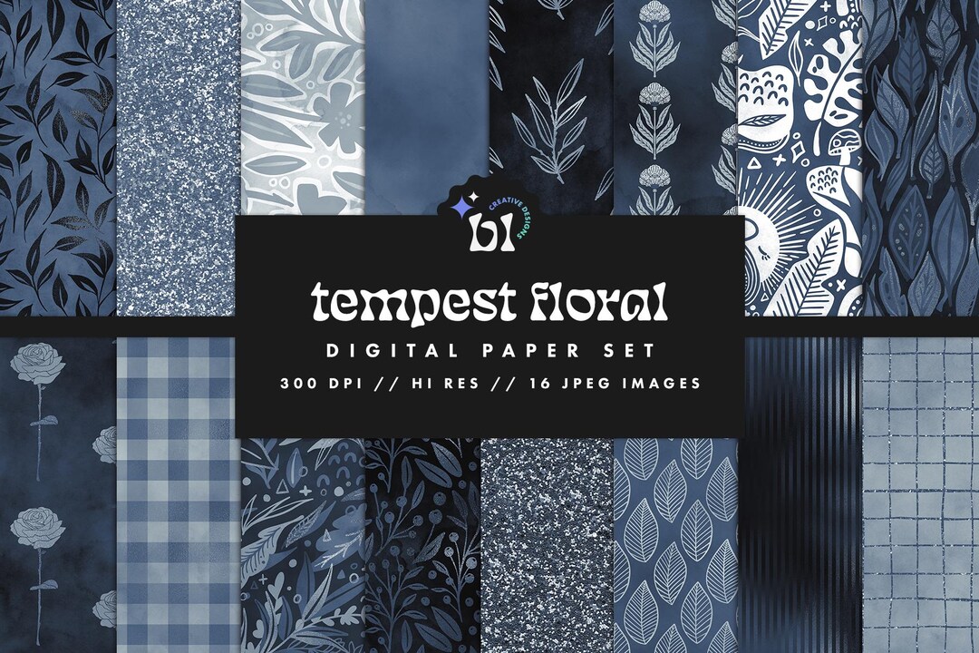 Slate Blue Luxury Digital Paper, Floral Patterns, Navy Watercolor ...