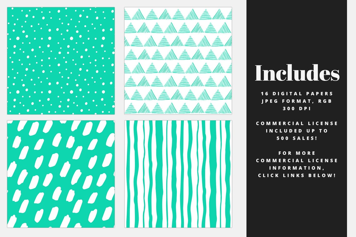 Teal and White Digital Paper, Hand Drawn, Floral, Geometric, Printable ...