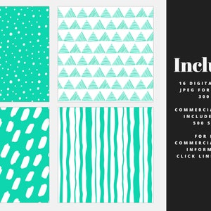 Teal and White Digital Paper, Hand Drawn, Floral, Geometric, Printable ...
