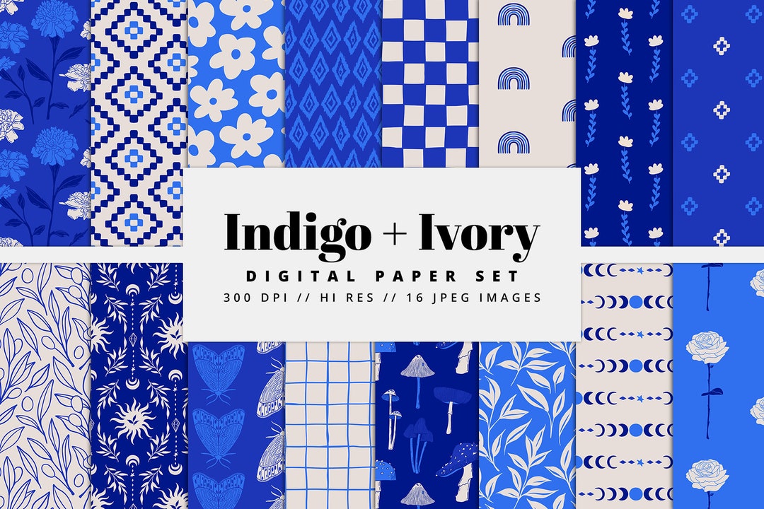 Indigo Ivory Digital Paper Set, Seamless Textures, Floral Patterns ...
