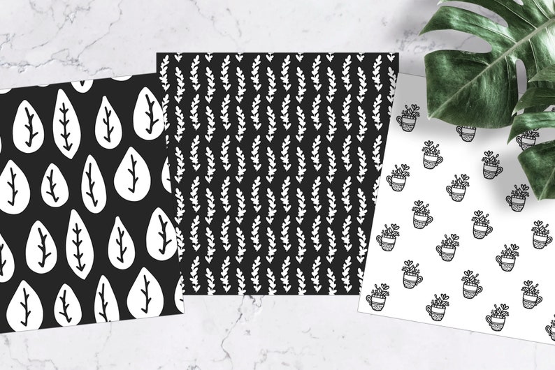Black and White Floral Digital Paper, Hand-drawn Flowers, Geometric ...
