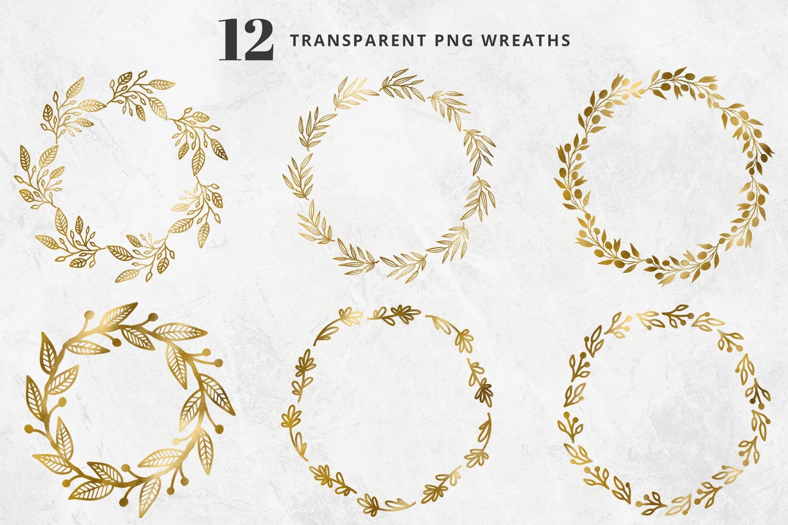 Gold Foil Wreath Clipart Set, Faux Foil, Clipart, Floral Illustrations ...