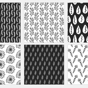 Black and White Floral Digital Paper, Hand-drawn Flowers, Geometric ...