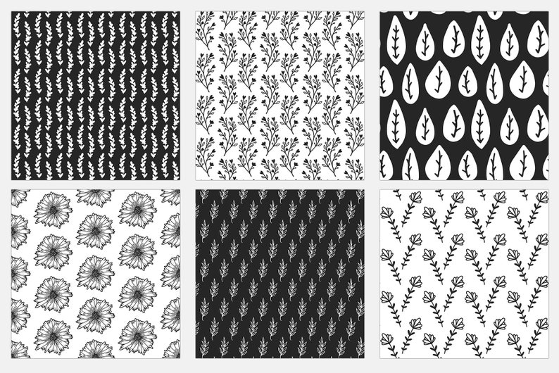Black and White Floral Digital Paper, Hand-drawn Flowers, Geometric ...