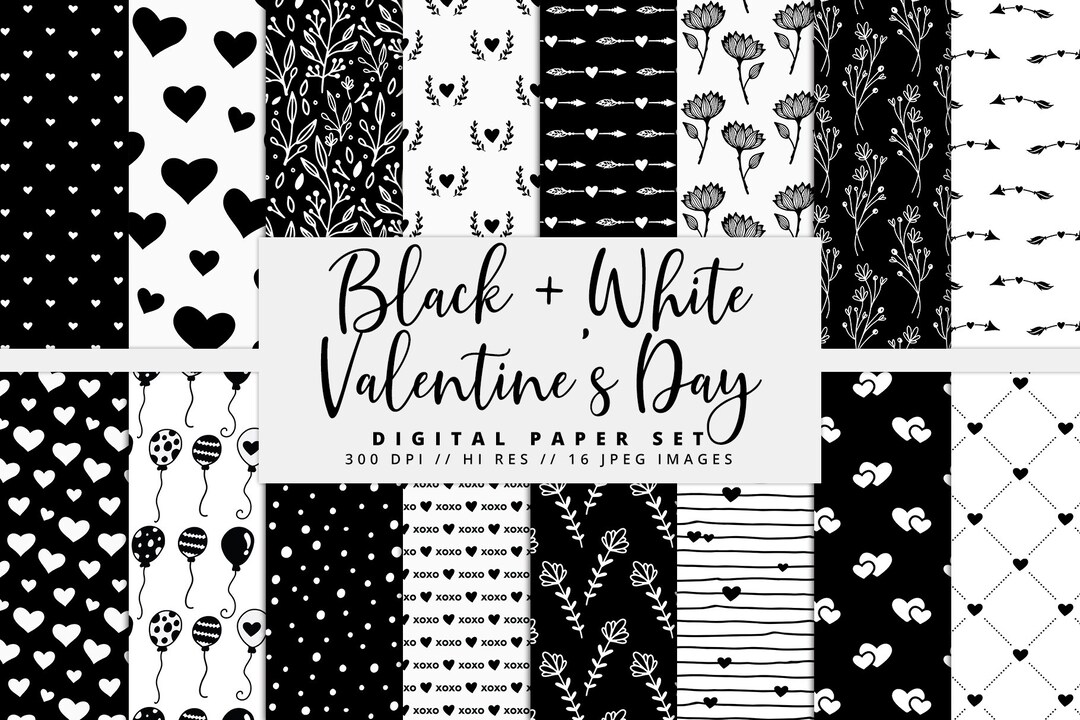 Black & White Valentine's Day Digital Paper, Valentine, Hearts, Floral ...