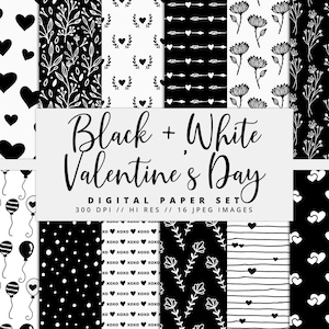 Black & White Valentine's Day Digital Paper, Valentine, Hearts, Floral ...