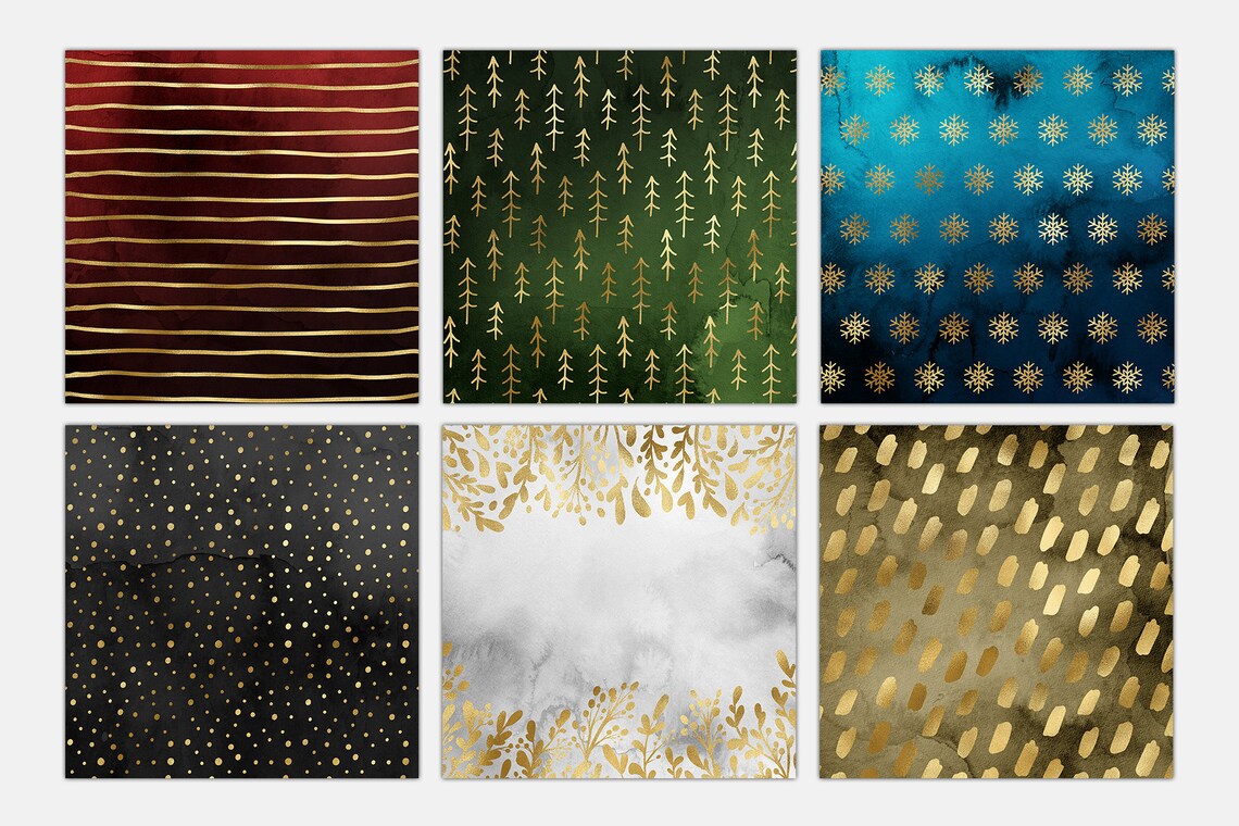 Christmas Gold Foil Watercolor Digital Paper, Holiday Digital Paper ...