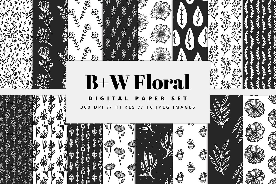 Black and White Floral Digital Paper, Hand-drawn Flowers, Geometric ...